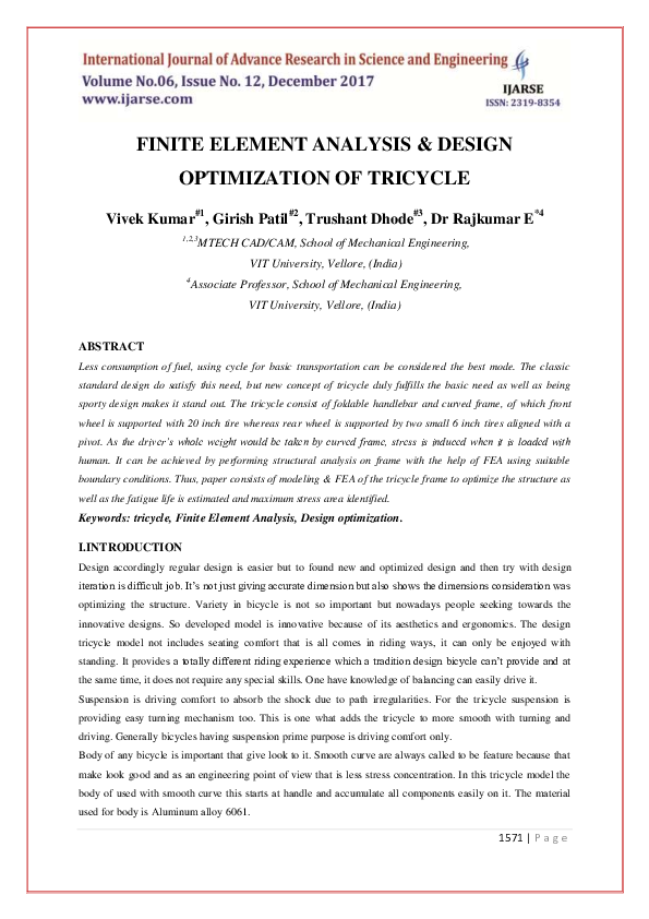 (PDF) Finite Element Analysis & Design Optimization of Tricycle