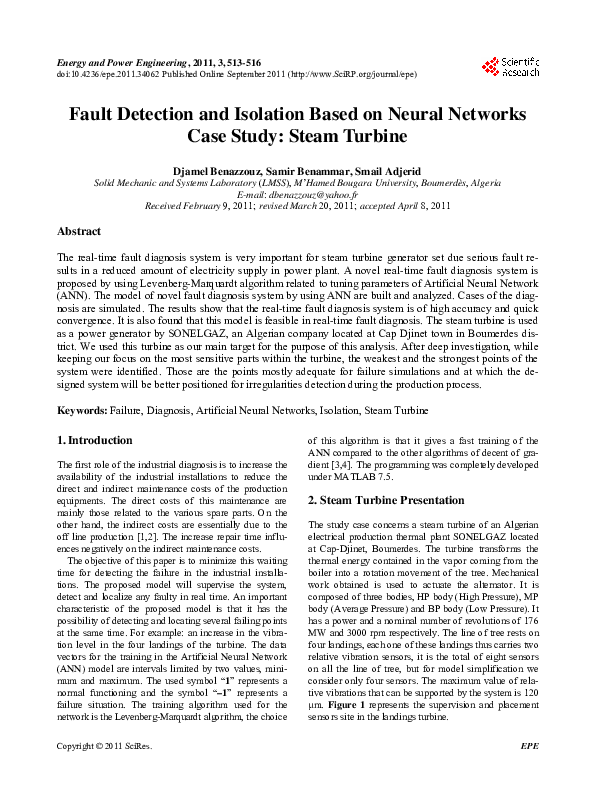 (PDF) Fault Detection and Isolation Based on Neural Networks Case Study: Steam Turbine