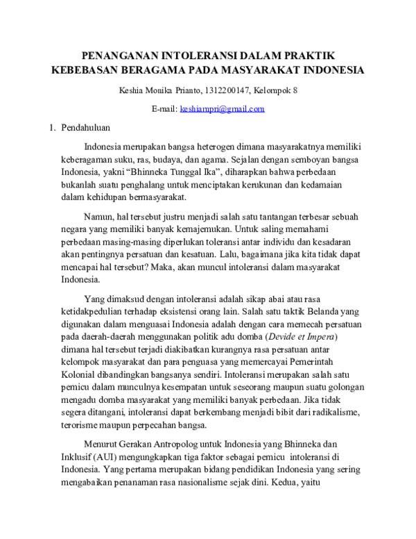 (DOC) PENANGANAN INTOLERANSI DALAM PRAKTIK KEBEBASAN BERAGAMA PADA MASYARAKAT INDONESIA | Keshia ...