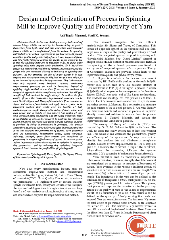 (PDF) Design and Optimization of Process in Spinning Mill to Improve ...