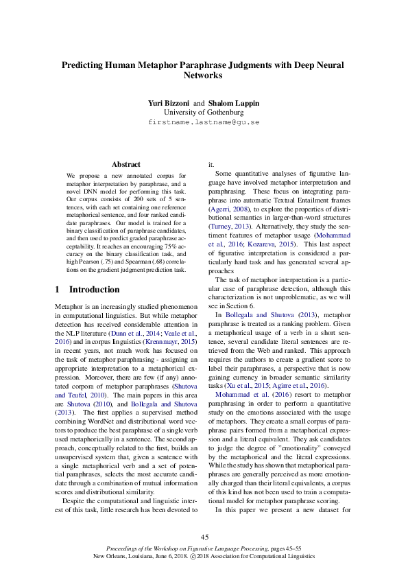 (PDF) Predicting Human Metaphor Paraphrase Judgments with Deep Neural Networks | Yuri Bizzoni ...