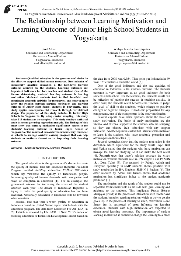 (PDF) The Relationship between Learning Motivation and Learning Outcome of Junior High School ...