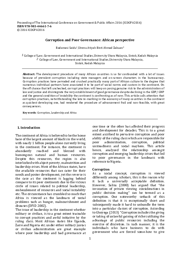 (PDF) Corruption and poor governance: African perspective