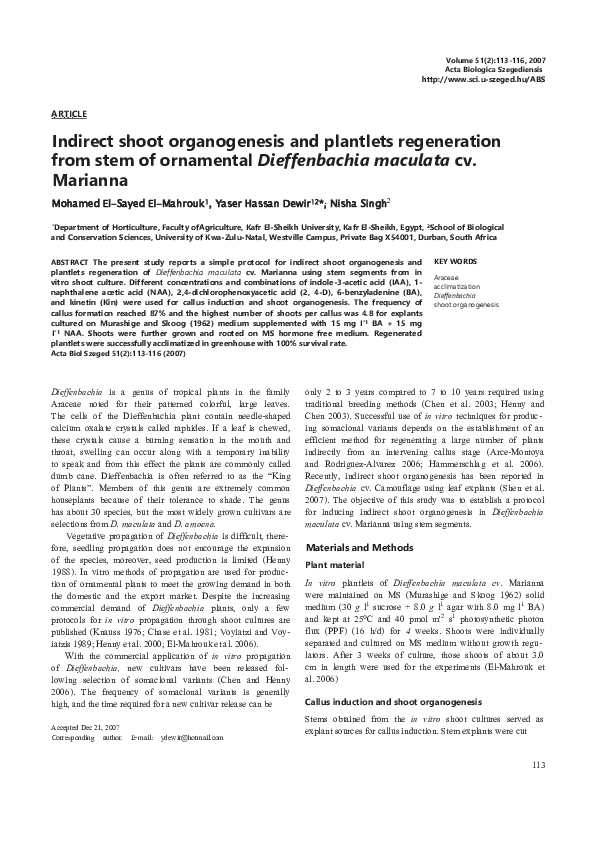 (PDF) Indirect shoot organogenesis and plantlets regeneration from stem ...