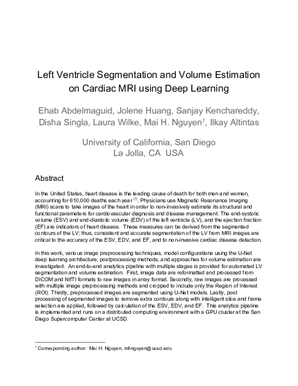 Pdf Left Ventricle Segmentation And Volume Estimation On Cardiac Mri Using Deep Learning