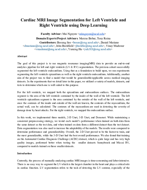 (PDF) Cardiac MRI Image Segmentation for Left Ventricle and Right Ventricle using Deep Learning