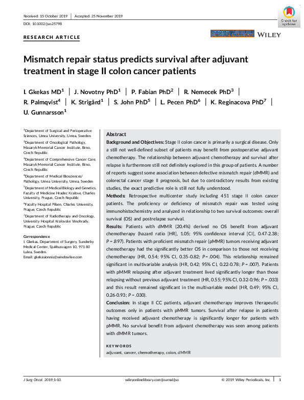 (PDF) Mismatch repair status predicts survival after adjuvant treatment ...