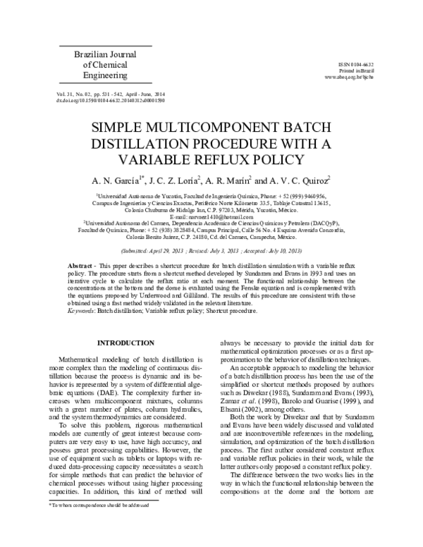 Pdf Simple Multicomponent Batch Distillation Procedure With A Variable Reflux Policy Atl