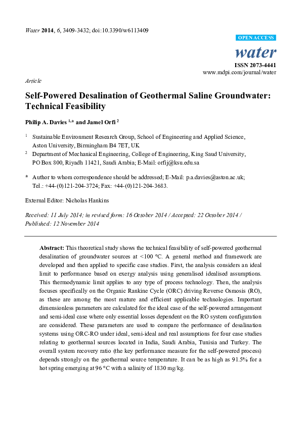 (PDF) Article Self-Powered Desalination of Geothermal Saline ...
