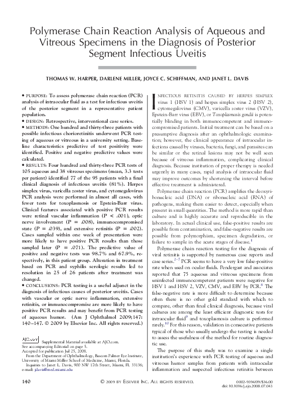 (PDF) Polymerase Chain Reaction Analysis of Aqueous and Vitreous Specimens in the Diagnosis of ...