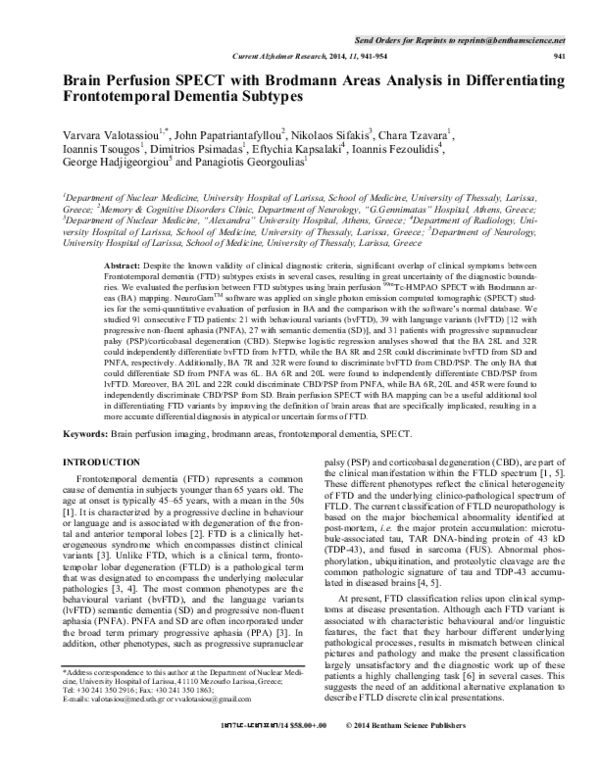 (PDF) Brain Perfusion SPECT with Brodmann Areas Analysis in ...
