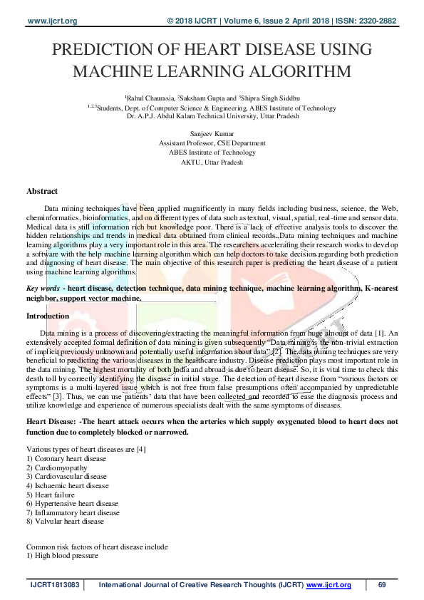 (PDF) Prediction of Heart Disease using Machine Learning Algorithm