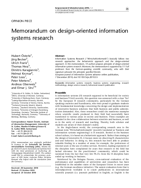 (PDF) Memorandum on design-oriented information systems research