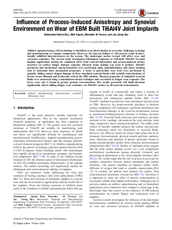 (PDF) Influence of Process-Induced Anisotropy and Synovial Environment on Wear of EBM Built ...