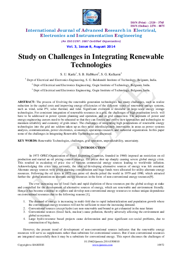 (PDF) Study on Challenges in Integrating RenewableTechnologies