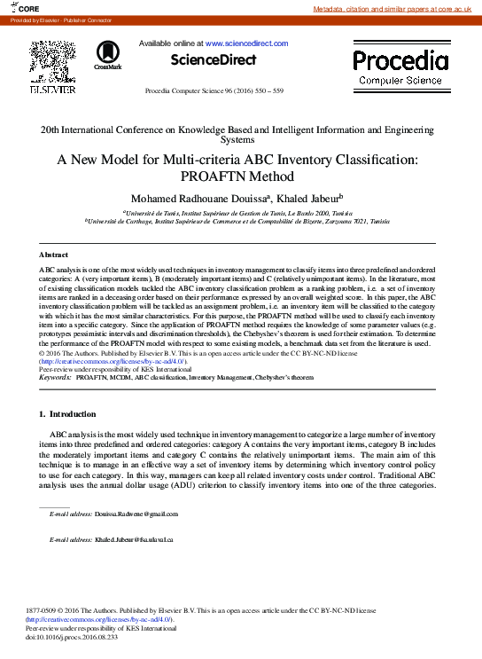 Pdf A New Model For Multi Criteria Abc Inventory Classification Proaftn Method