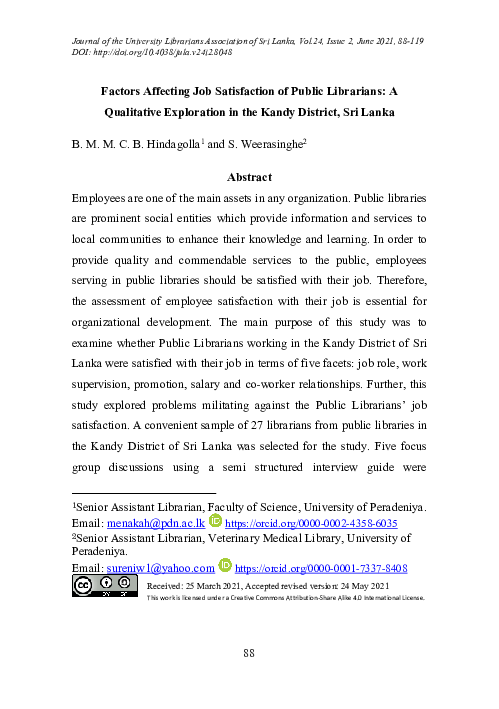 Pdf Factors Affecting Job Satisfaction Of Public Librarians A
