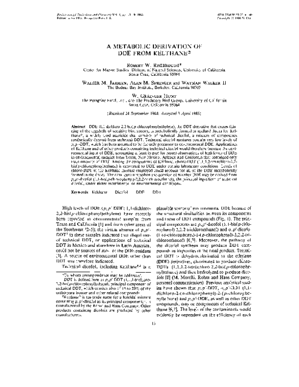 (PDF) A Metabolic Derivation of Dde from Kelthane® | Robert Risebrough ...