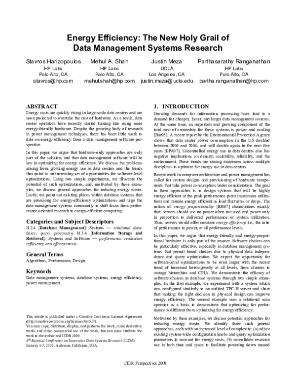 (PDF) Energy efficiency: The new holy grail of data management systems research