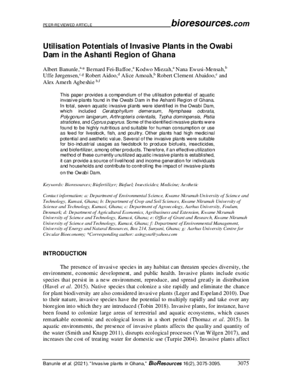 (PDF) Utilisation potentials of invasive plants in the Owabi dam in the ...