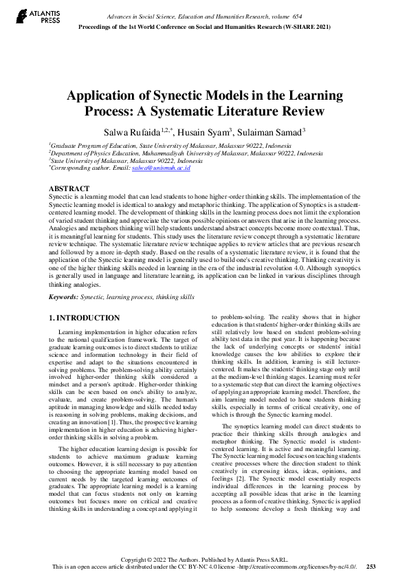 (PDF) Application of Synectic Models in the Learning Process: A ...