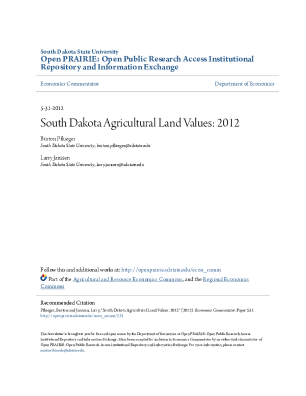 (PDF) South Dakota Agricultural Land Values, 2012