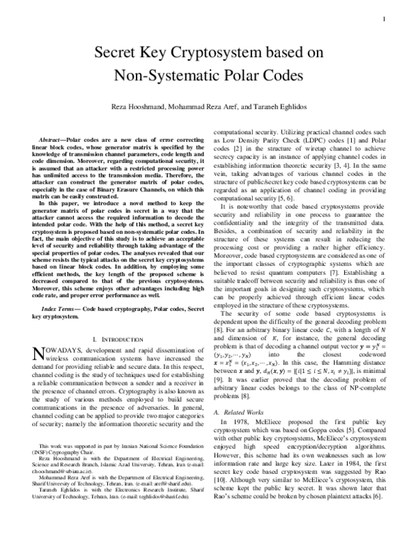 (PDF) Secret Key Cryptosystem Based on Non-systematic Polar Codes
