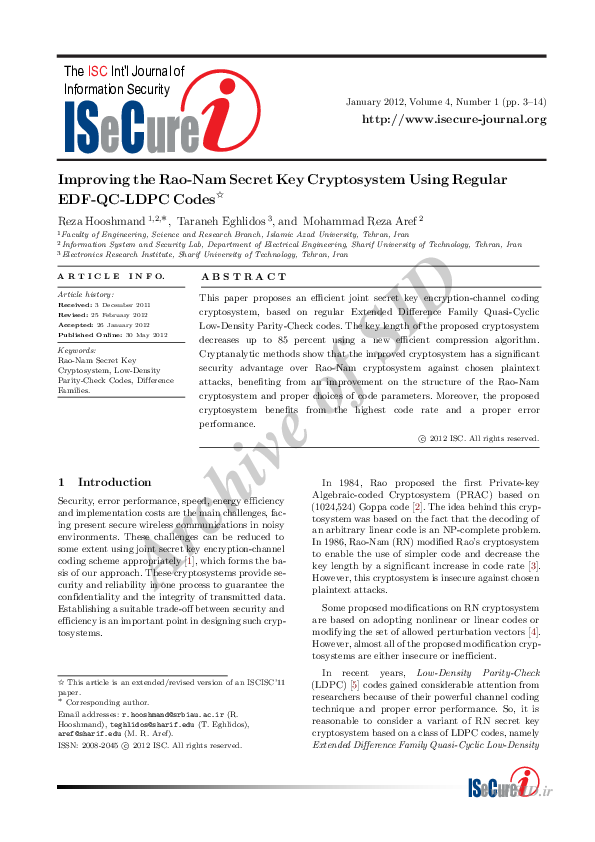 (PDF) Improving the Rao-Nam secret key cryptosystem using regular EDF-QC-LDPC codes