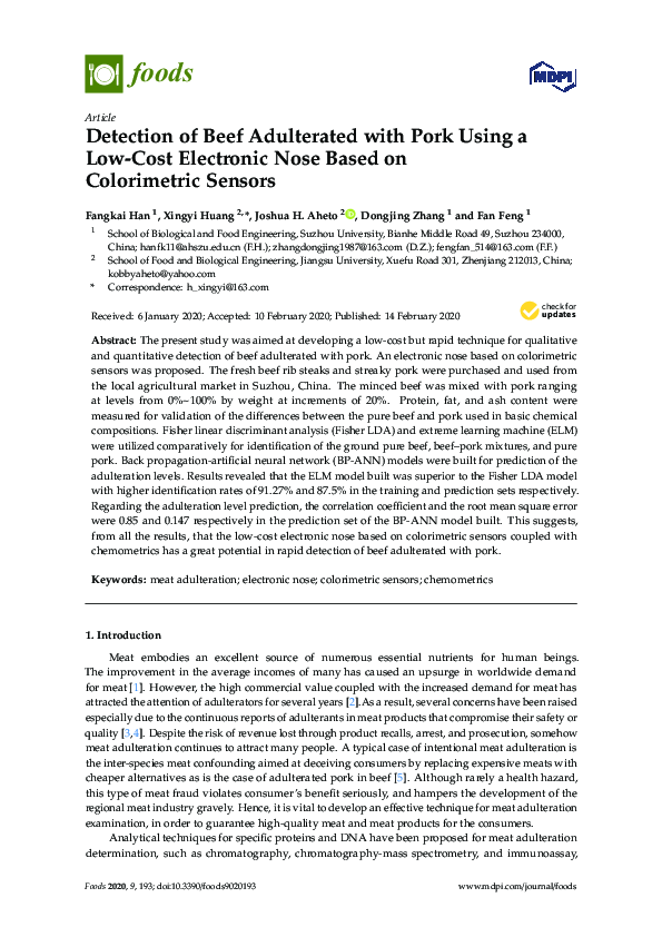 Pdf Detection Of Beef Adulterated With Pork Using A Low Cost