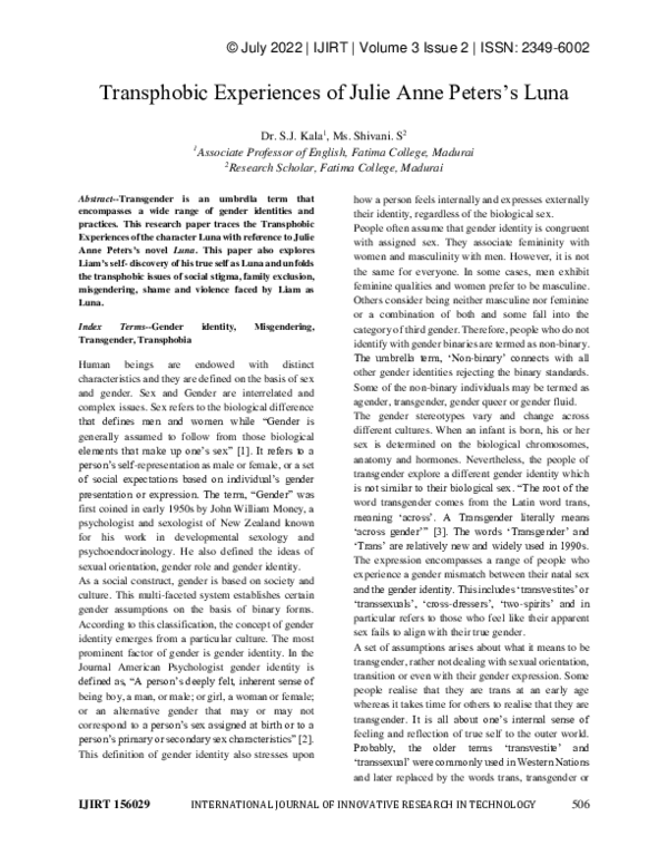 (PDF) Transphobic Experiences of Julie Anne Peters's Luna