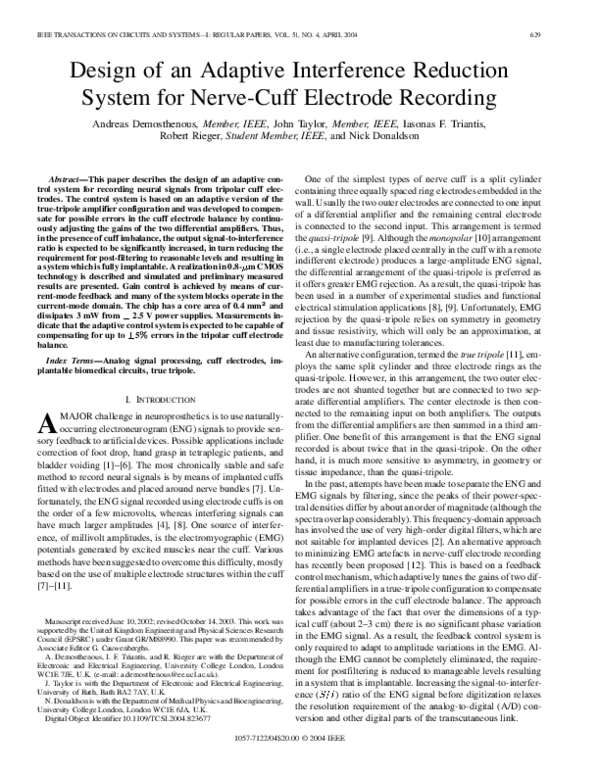 Pdf Design Of An Adaptive Interference Reduction System For Nerve Cuff Electrode Recording