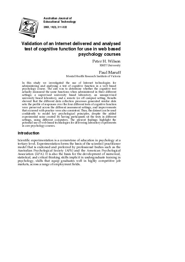 Pdf Validation Of An Internet Delivered And Analysed Test Of Cognitive Function For Use In Web
