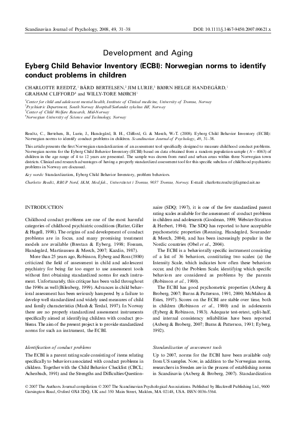 (PDF) Eyberg Child Behavior Inventory (ECBI): Norwegian norms to ...