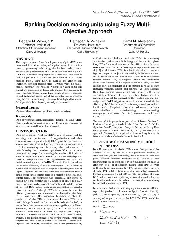 (PDF) Ranking Decision making units using Fuzzy Multi-Objective Approach