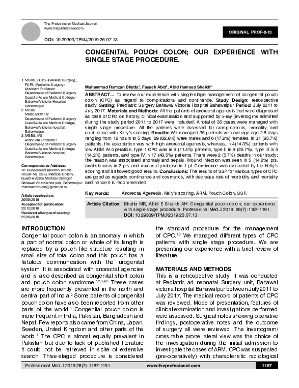 (PDF) Congenital Pouch Colon; Our Experience with Single Stage Procedure