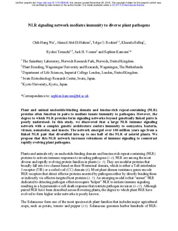 (PDF) NLR signaling network mediates immunity to diverse plant pathogens