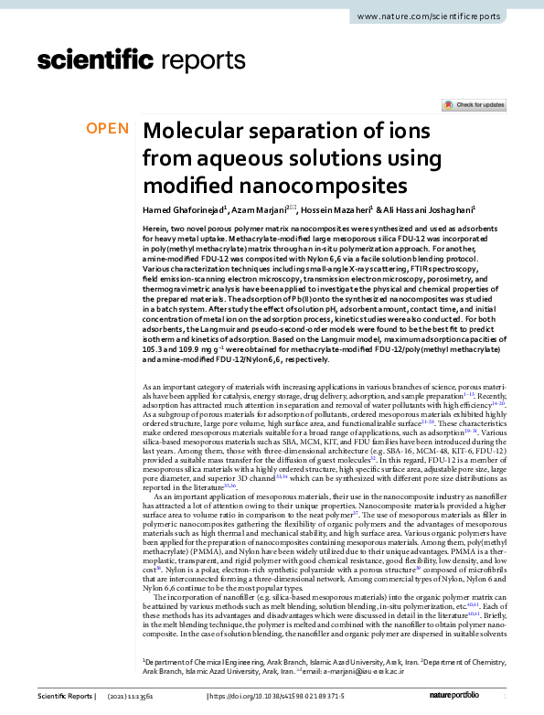 (PDF) Molecular separation of ions from aqueous solutions using ...