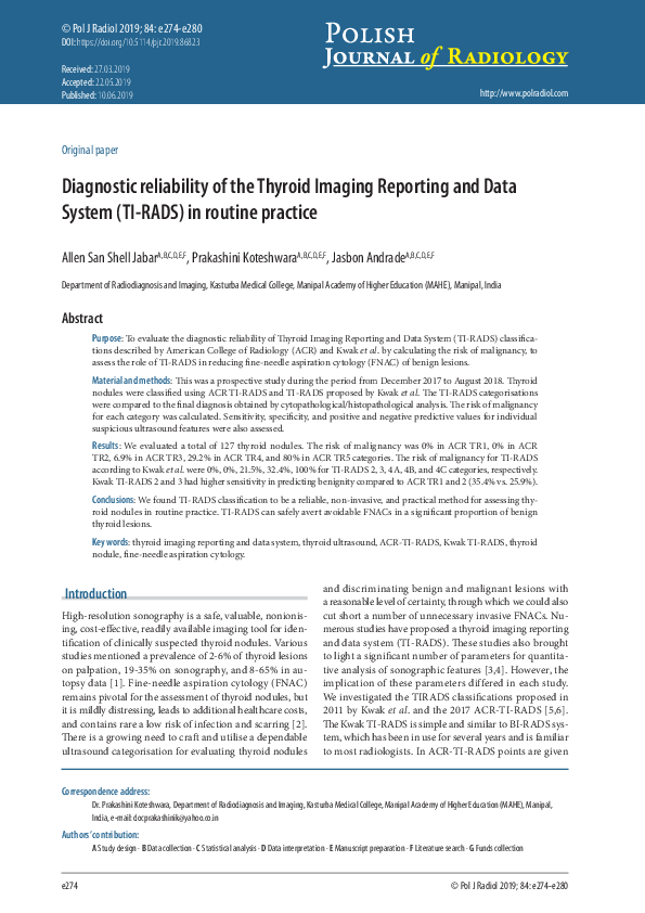 (PDF) Thyroid imaging reporting and data system (TI-RADS) in the diagnostic value of thyroid ...