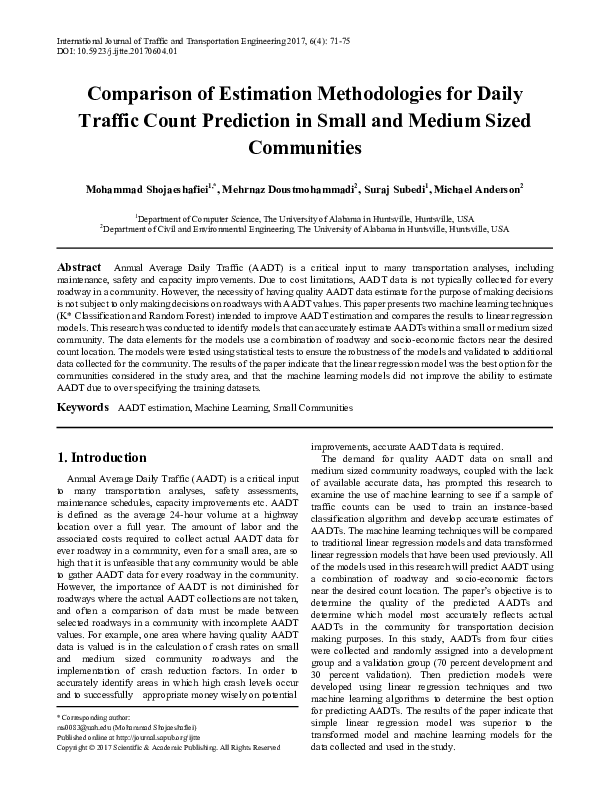 (PDF) Comparison of Estimation Methodologies for Daily Traffic Count ...