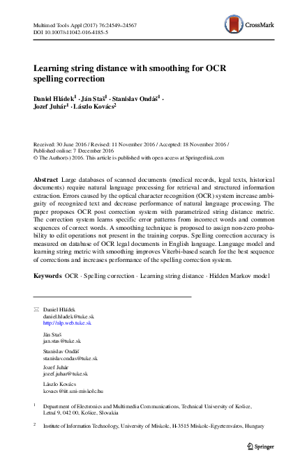 Pdf Learning String Distance With Smoothing For Ocr Spelling Correction