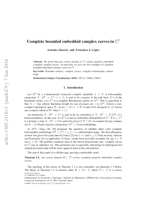 (PDF) Complete bounded embedded complex curves in C^2