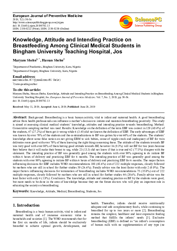 (PDF) Knowledge, Attitude and Intending Practice on Breastfeeding Among Clinical Medical ...