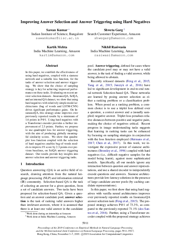 (PDF) Improving Answer Selection and Answer Triggering using Hard Negatives