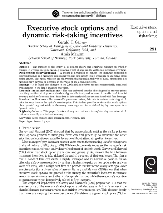 (PDF) Executive stock options and dynamic risk‐taking incentives