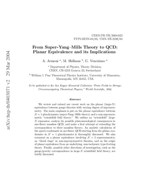 (PDF) From SUPER-YANG-MILLS Theory to Qcd: Planar Equivalence and its ...