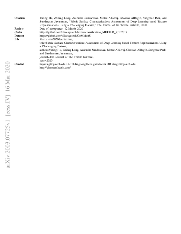 (PDF) Fabric surface characterization: assessment of deep learning-based texture representations ...