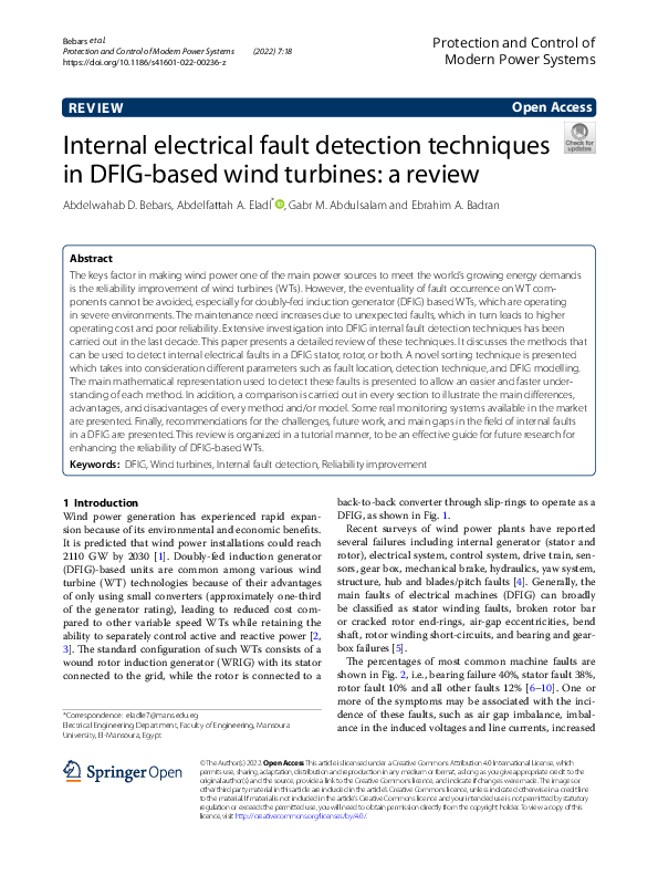 Pdf Internal Electrical Fault Detection Techniques In Dfig Based Wind Turbines A Review