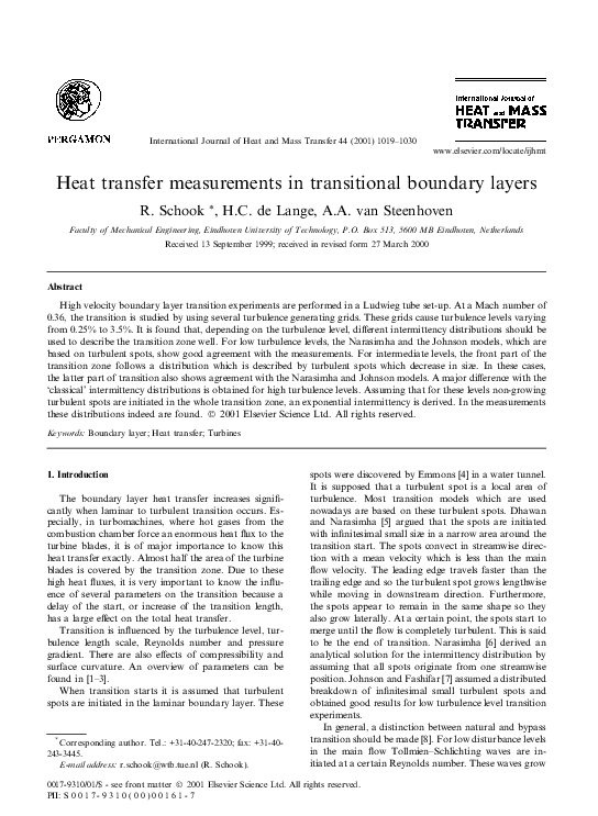 (PDF) Heat transfer measurements in transitional boundary layers