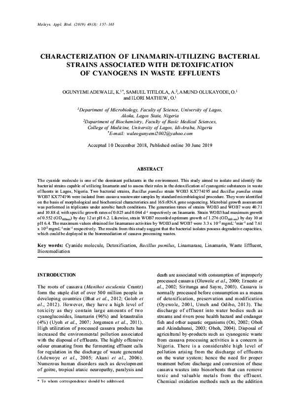 (PDF) Characterization of linamarin-utilizing bacterial strains ...