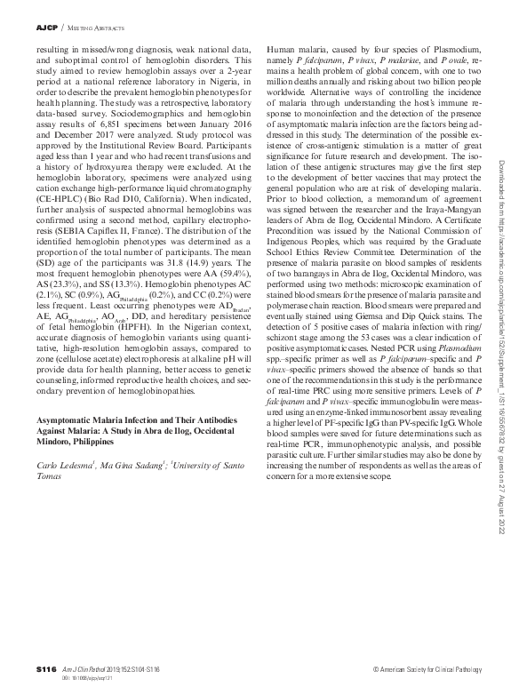 (PDF) Asymptomatic Malaria Infection and Their Antibodies Against ...
